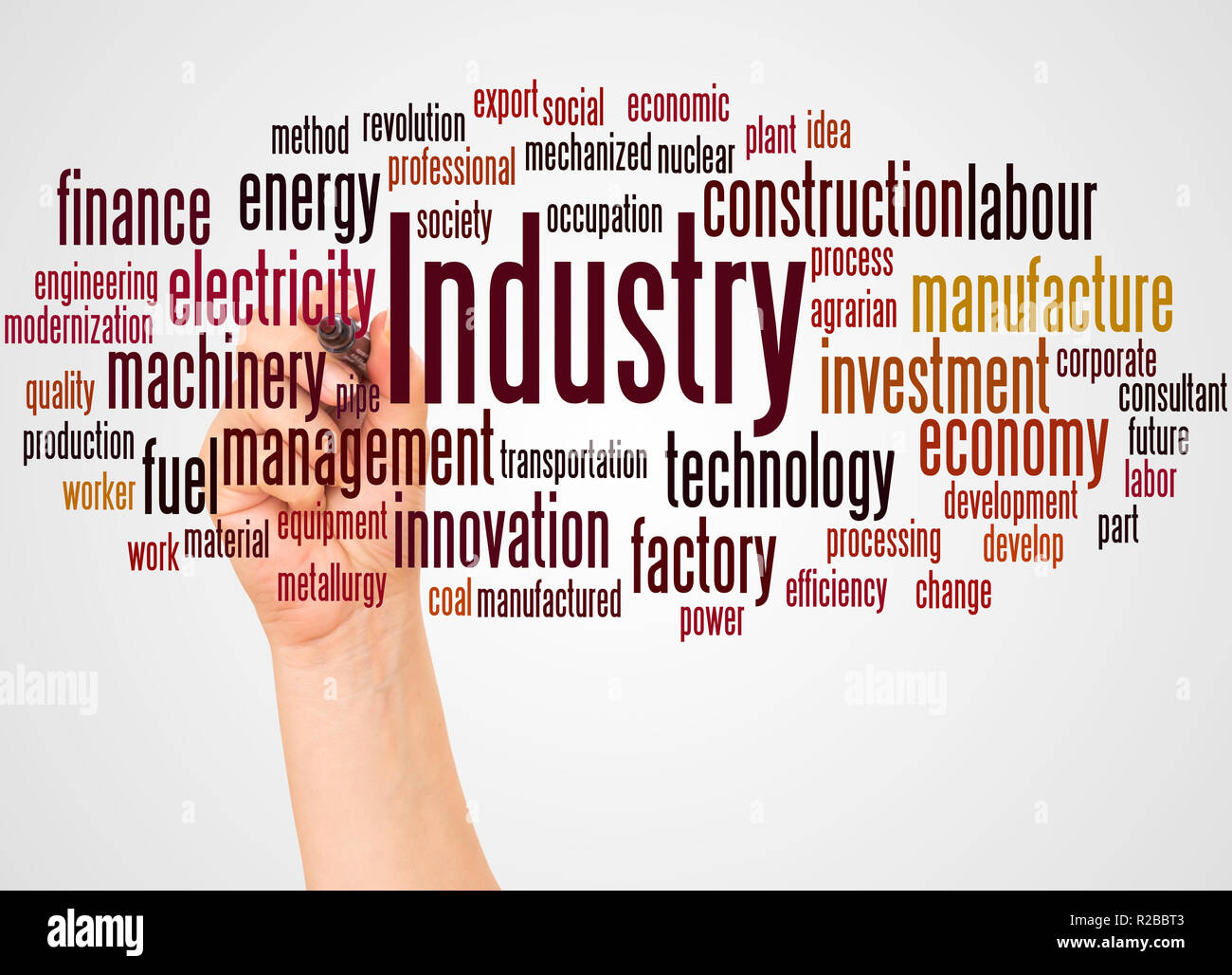 Industry word cloud and hand with marker concept on white background ...