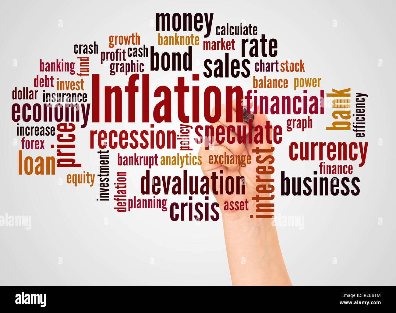 Inflation word cloud and hand with marker concept on white background ...