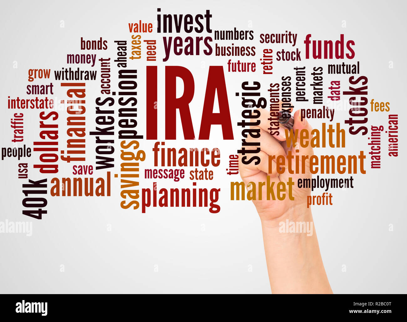 IRA word cloud and hand with marker concept on white background. IRA ...