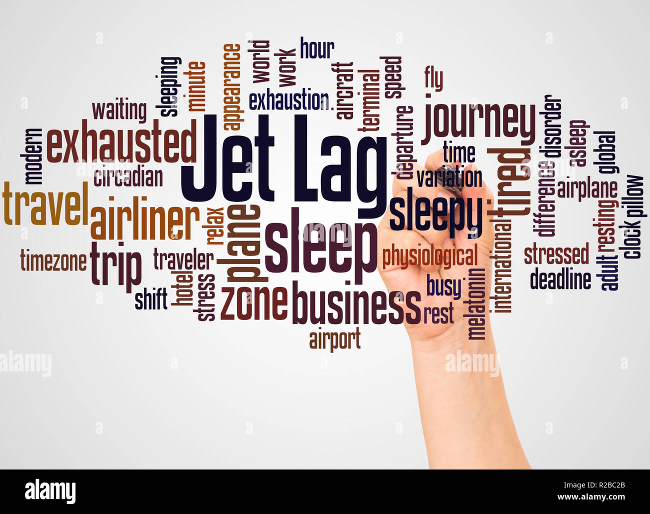 Jet Lag word cloud and hand with marker concept on white background ...