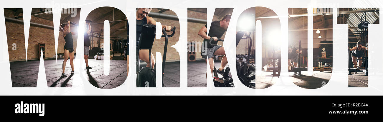 Collage of two fit young people in sportswear exercising together with ...