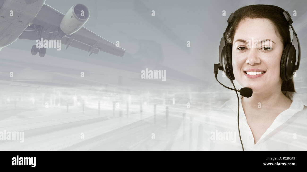 Female dispatcher helping to navigate airplane in the sky Stock Photo ...