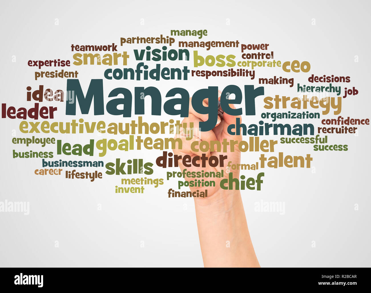 Manager word cloud and hand with marker concept on white background ...
