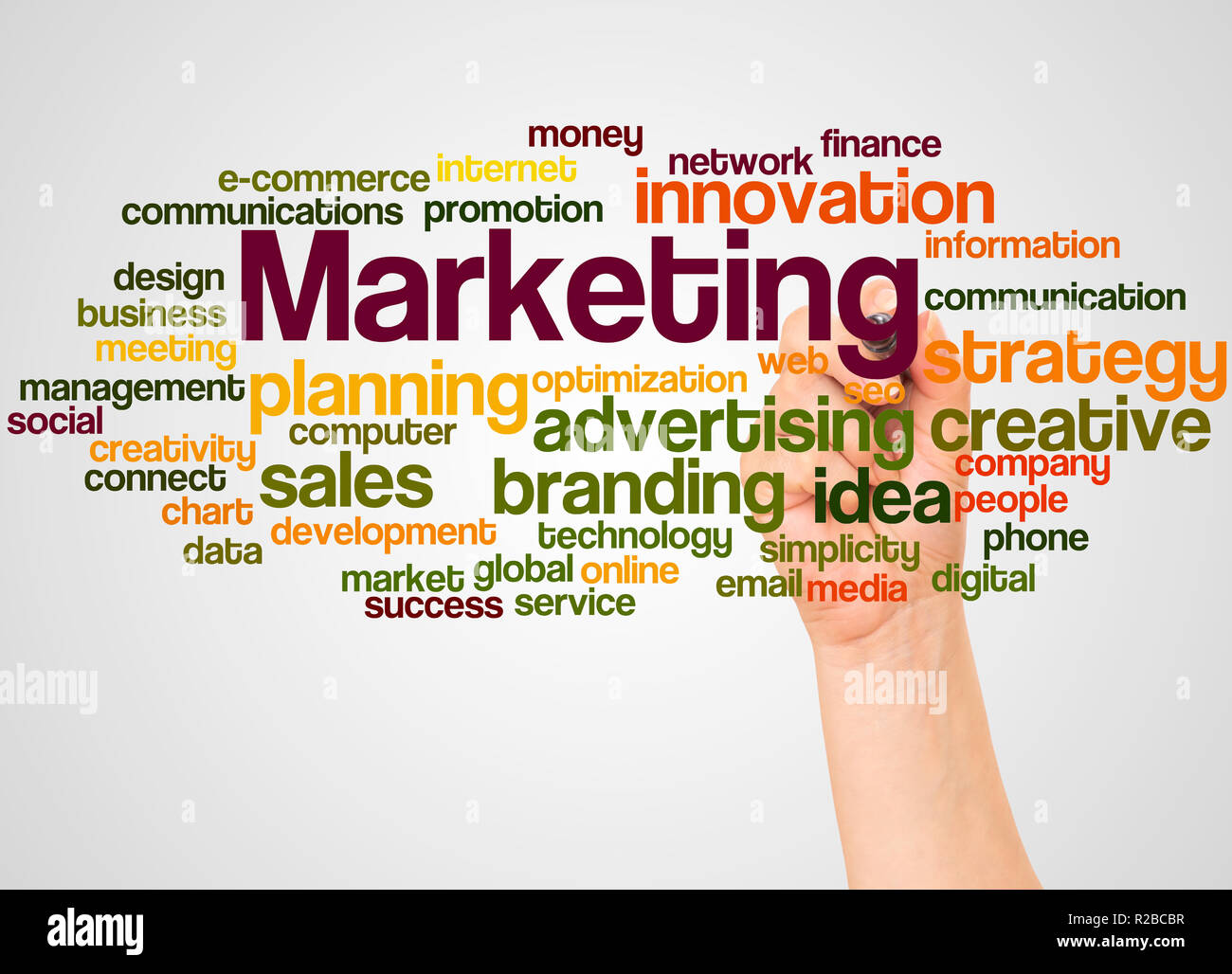 Marketing word cloud and hand with marker concept on white background ...
