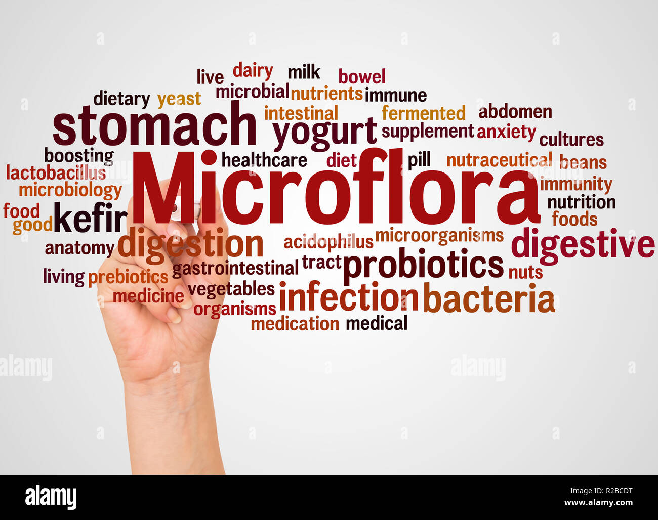 Microflora word cloud and hand with marker concept on white background ...