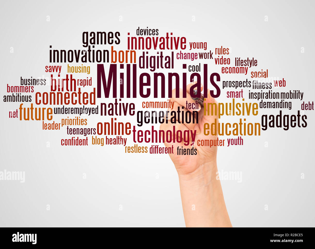 Millennials word cloud and hand with marker concept on white background ...