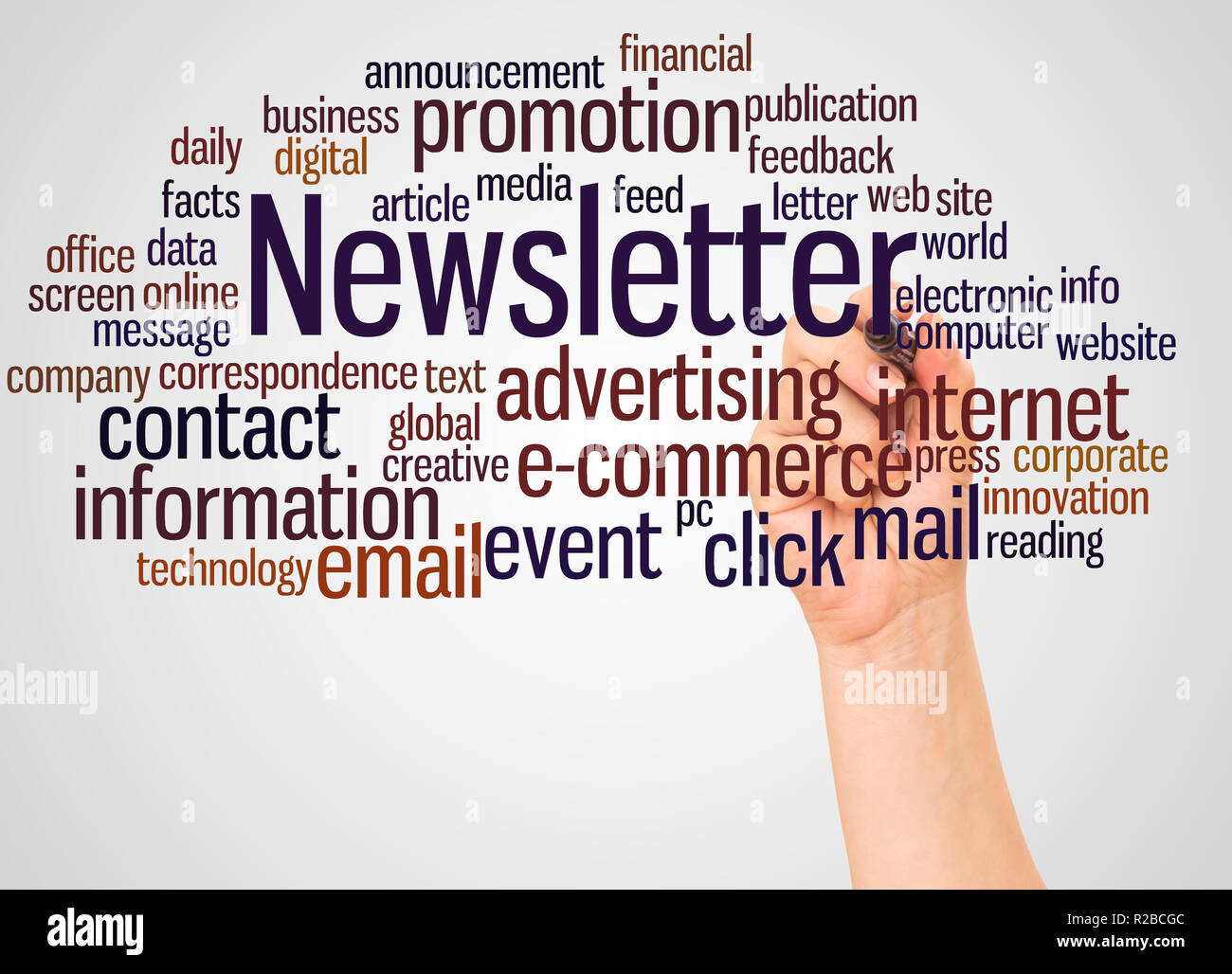 Newsletter word cloud and hand with marker concept on white background ...