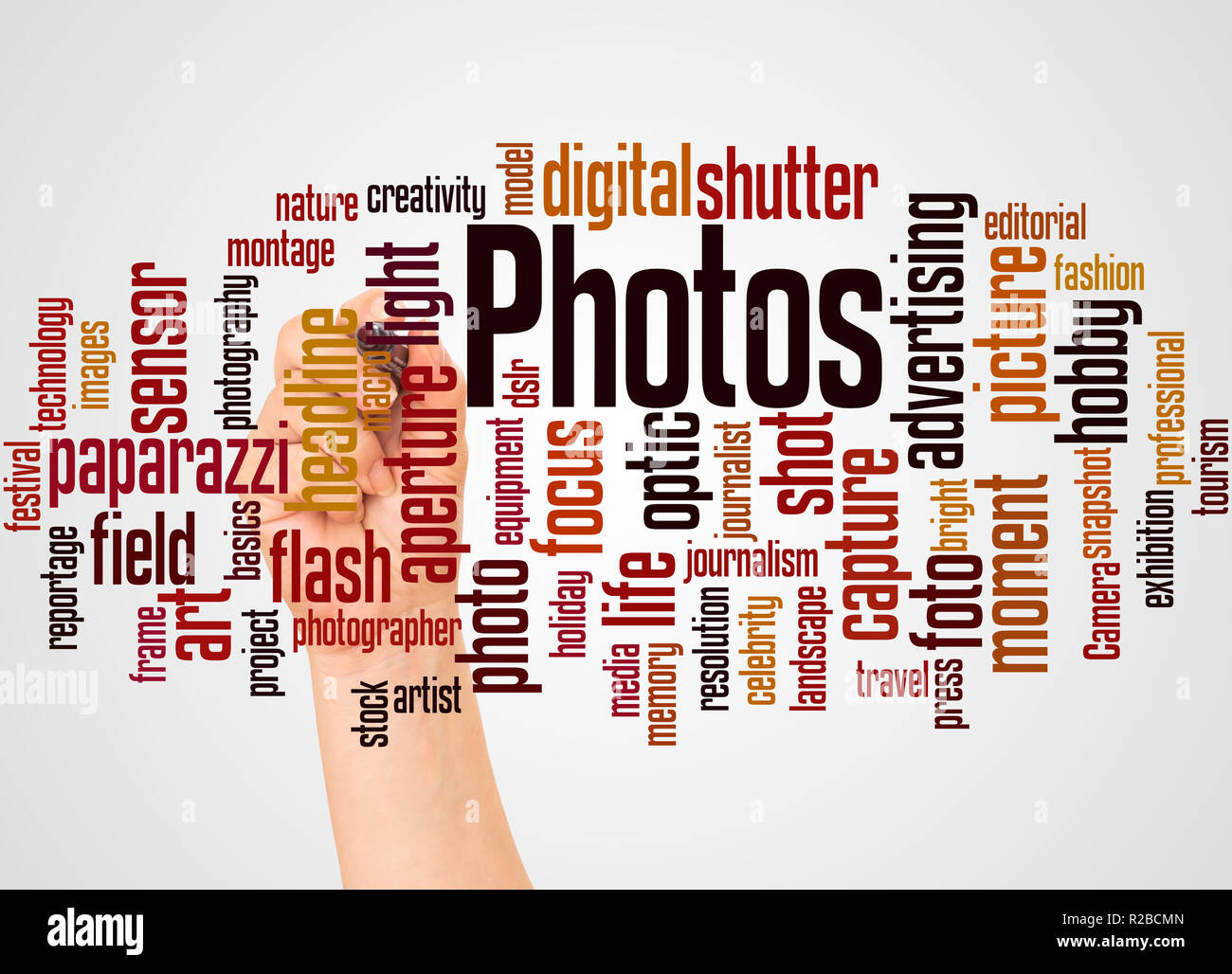 Photos word cloud and hand with marker concept on white background ...