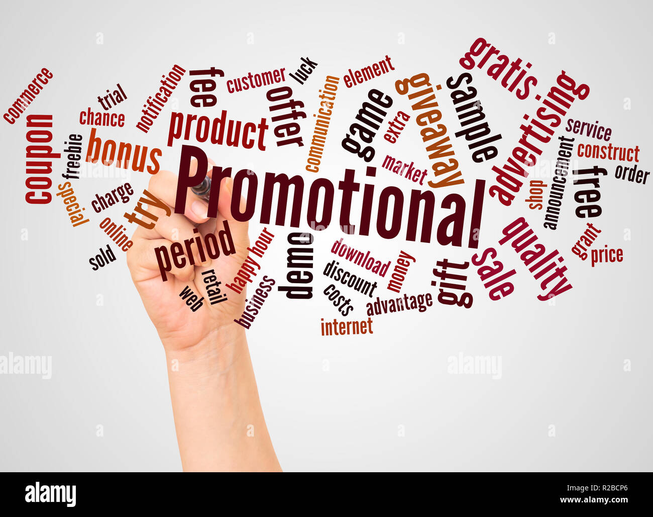 Promotional word cloud and hand with marker concept on white background ...