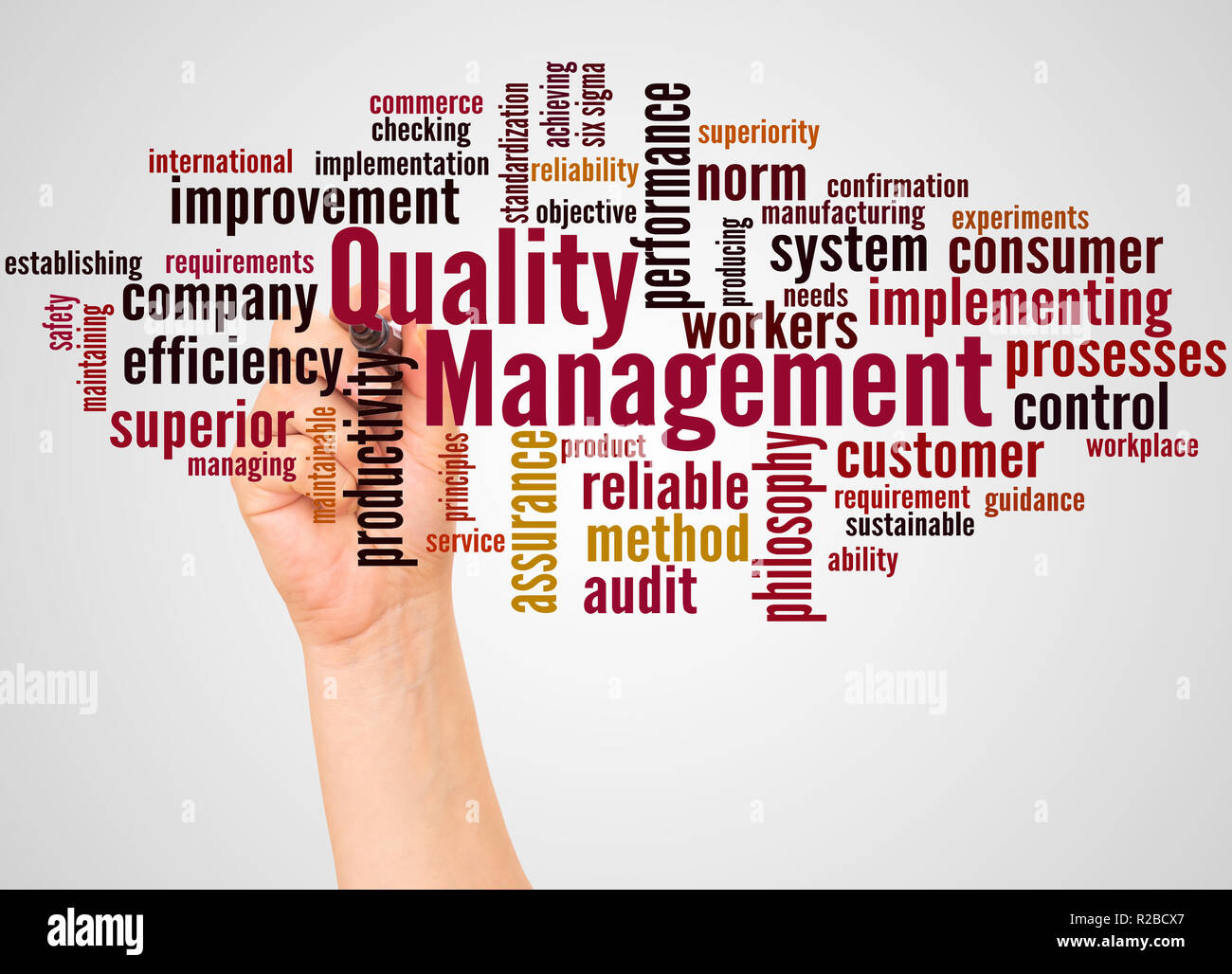 Quality Management word cloud and hand with marker concept on white ...
