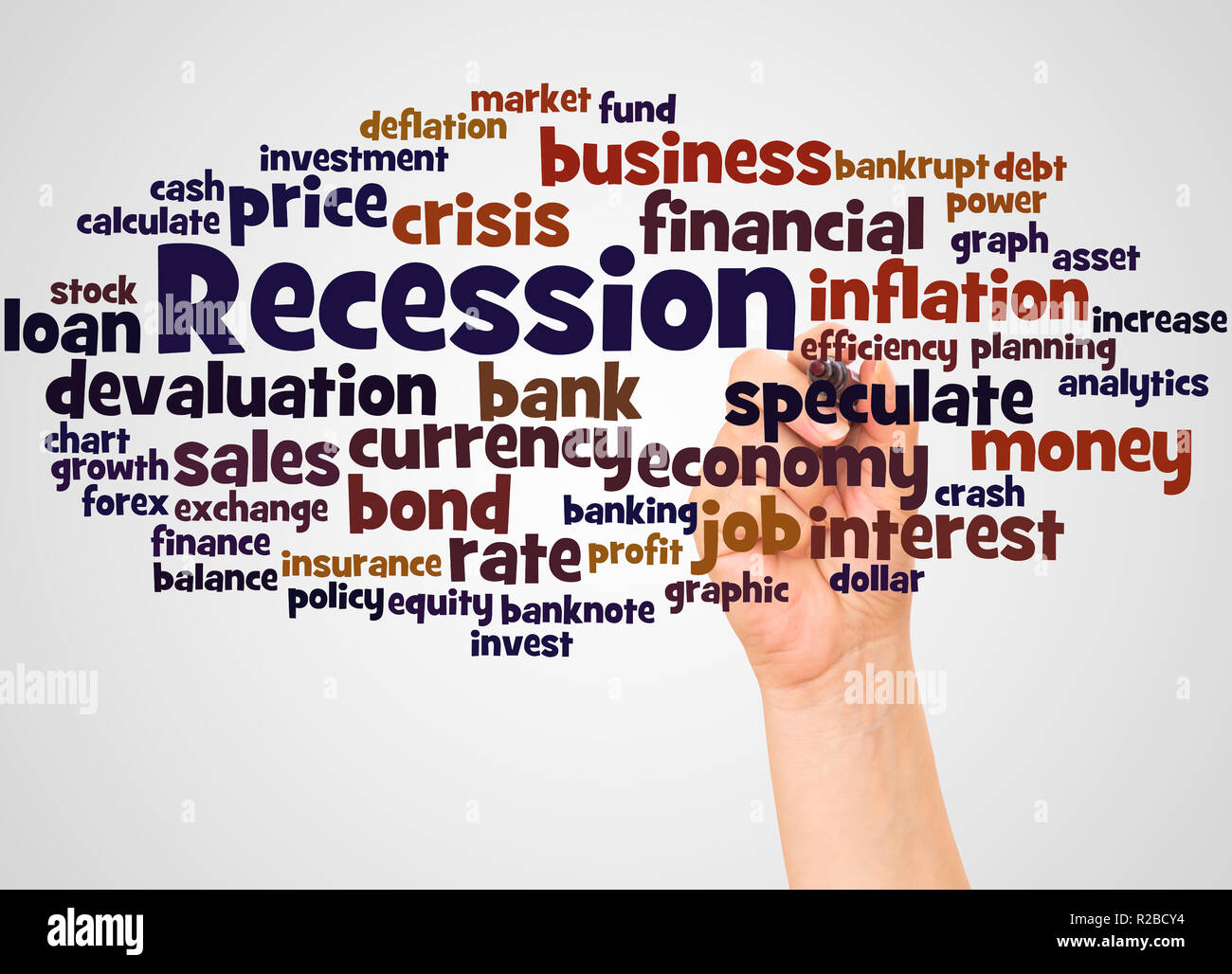 Recession word cloud and hand with marker concept on white background ...