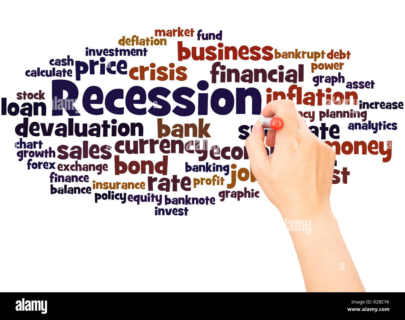 Recession word cloud hand writing concept on white background Stock ...