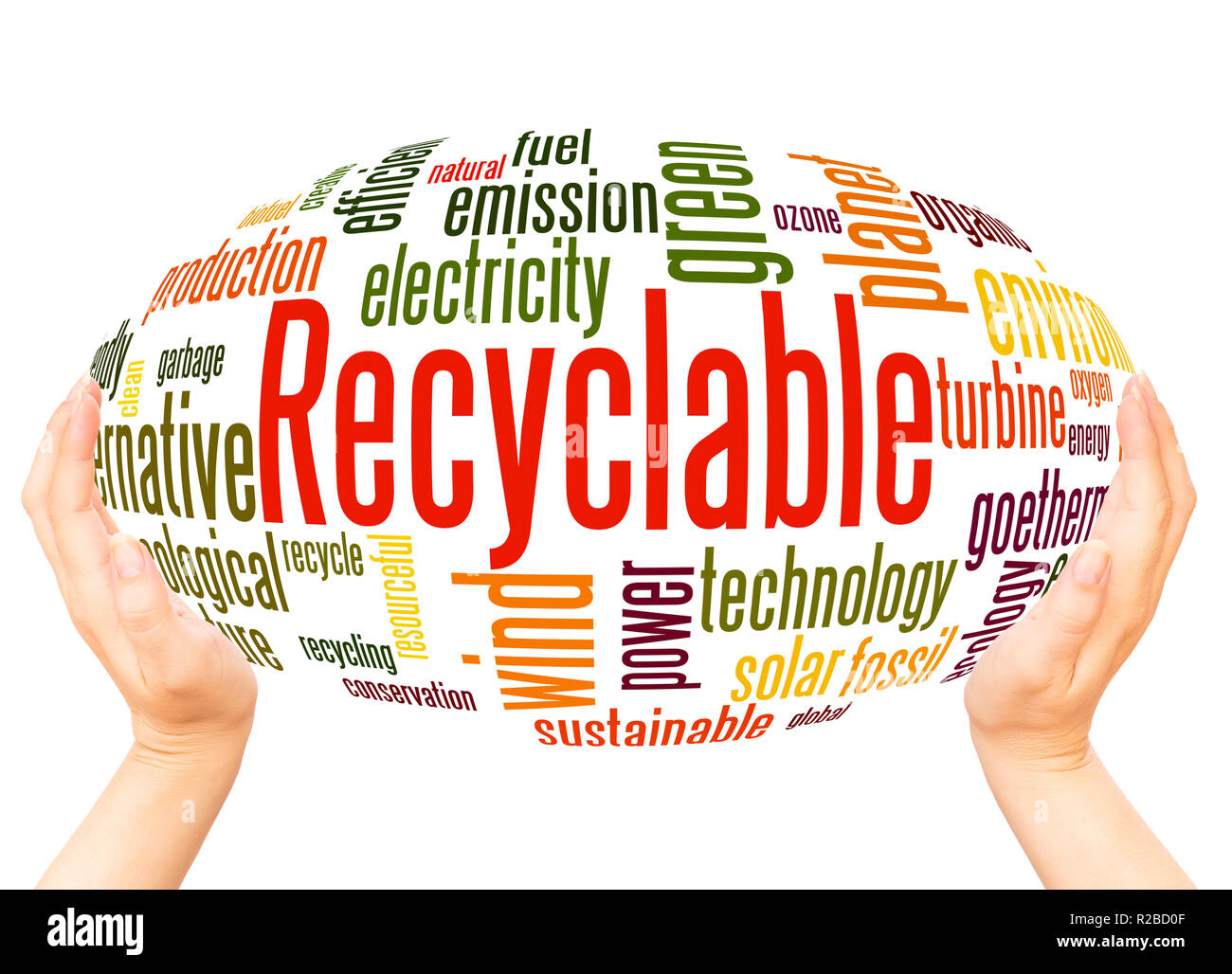 Recyclable word cloud hand sphere concept on white background Stock ...