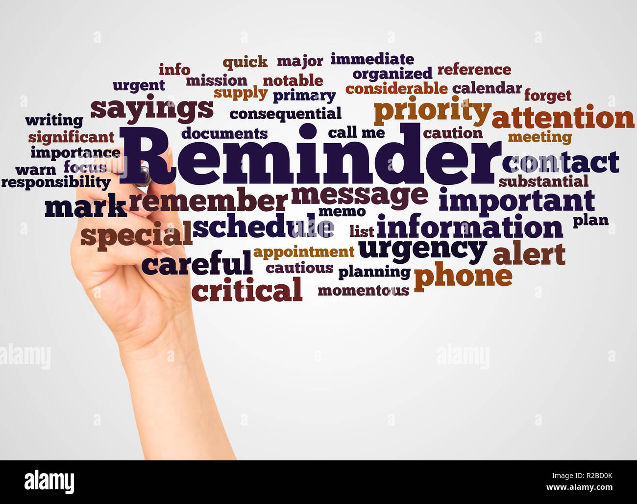 Reminder word cloud and hand with marker concept on white background ...