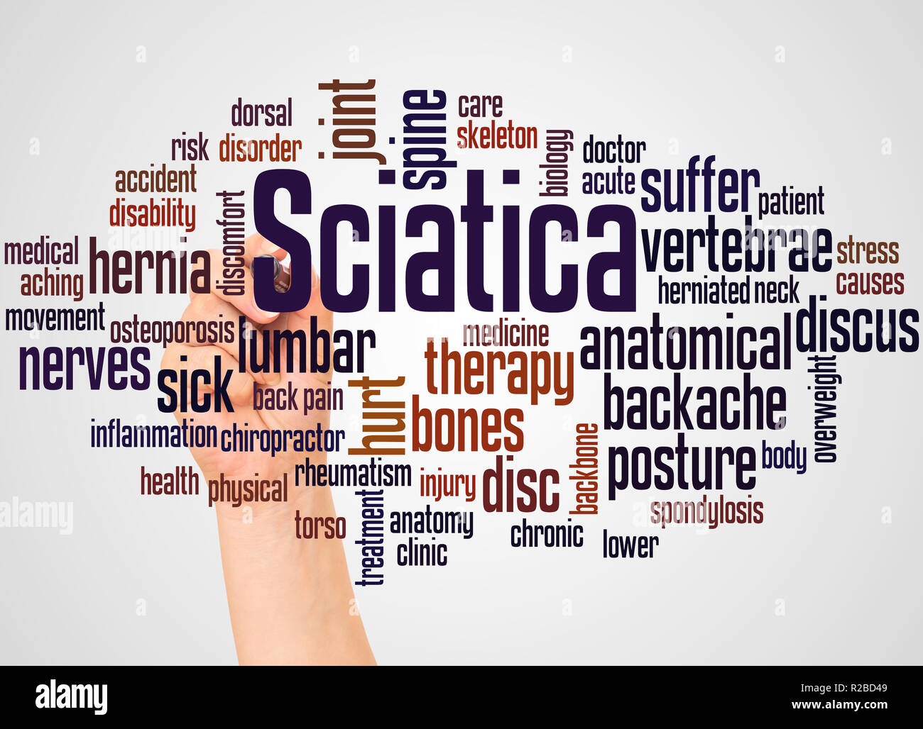 Sciatica word cloud and hand with marker concept on white background ...
