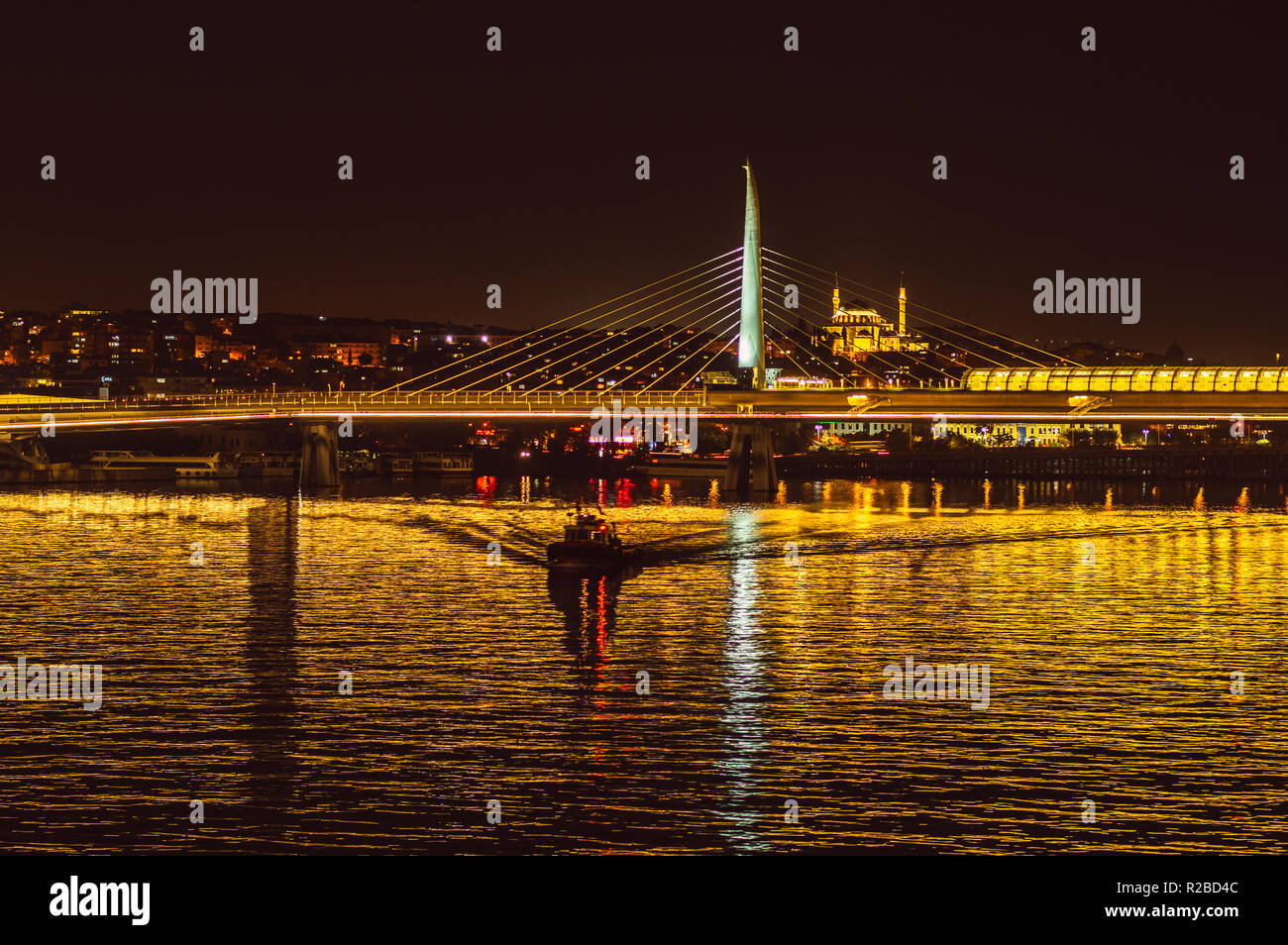 Night view to Golden Horn bridge, from Galata bridge, Istanbul, Turkey ...