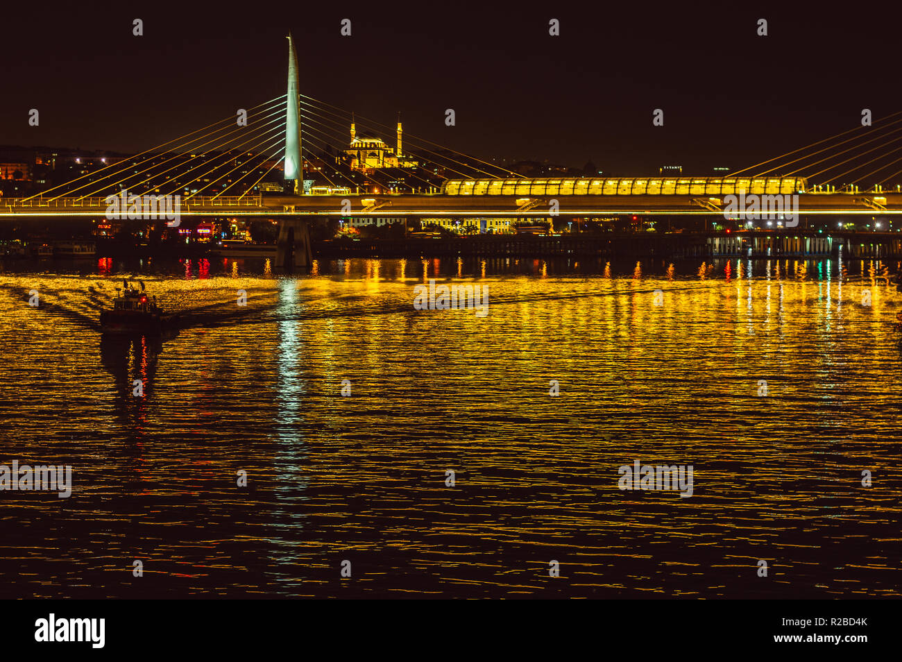 Night view to Golden Horn bridge, from Galata bridge, Istanbul, Turkey ...