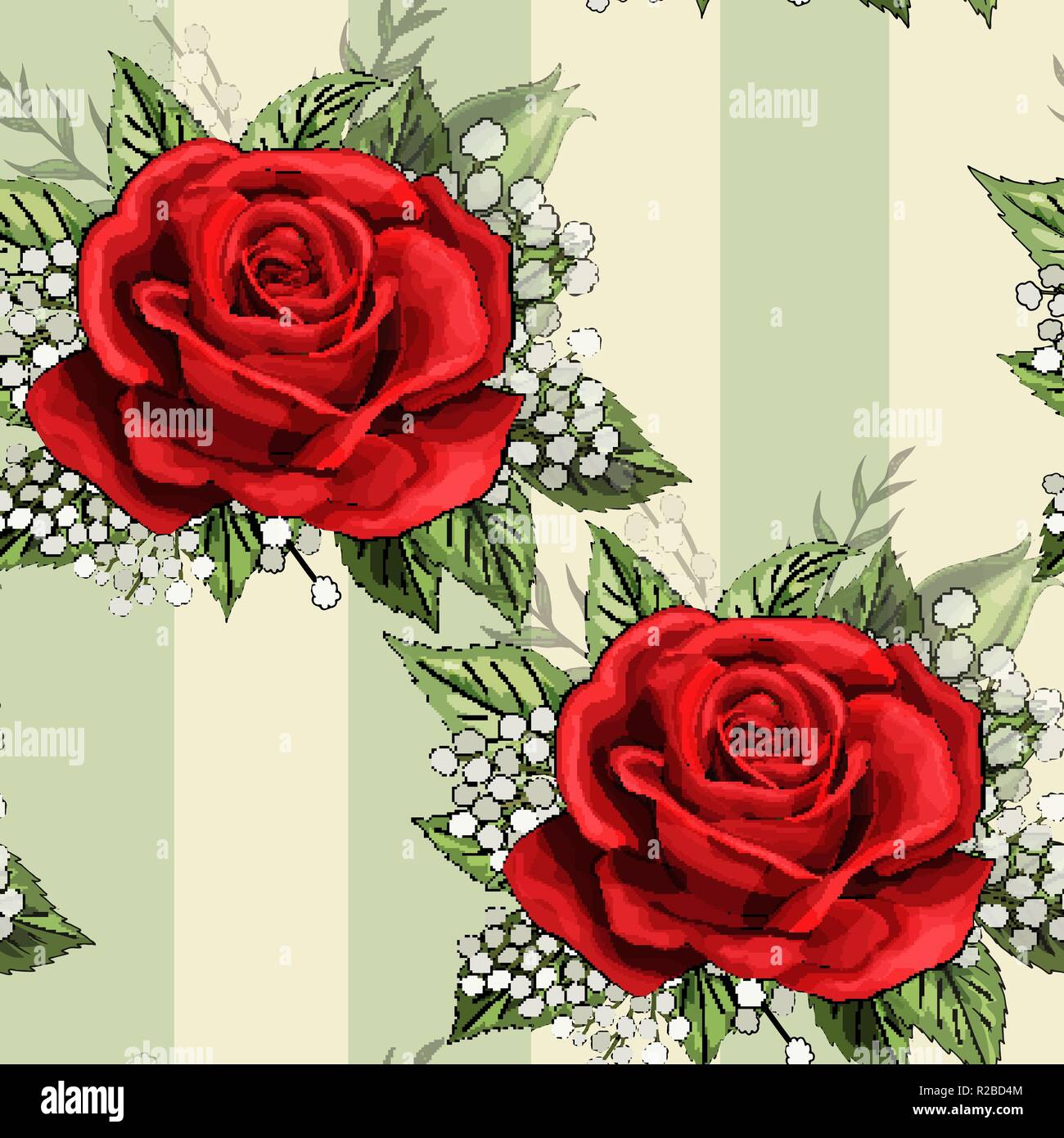 Red rose flower bouquet spreads creeper elements seamless pattern ...