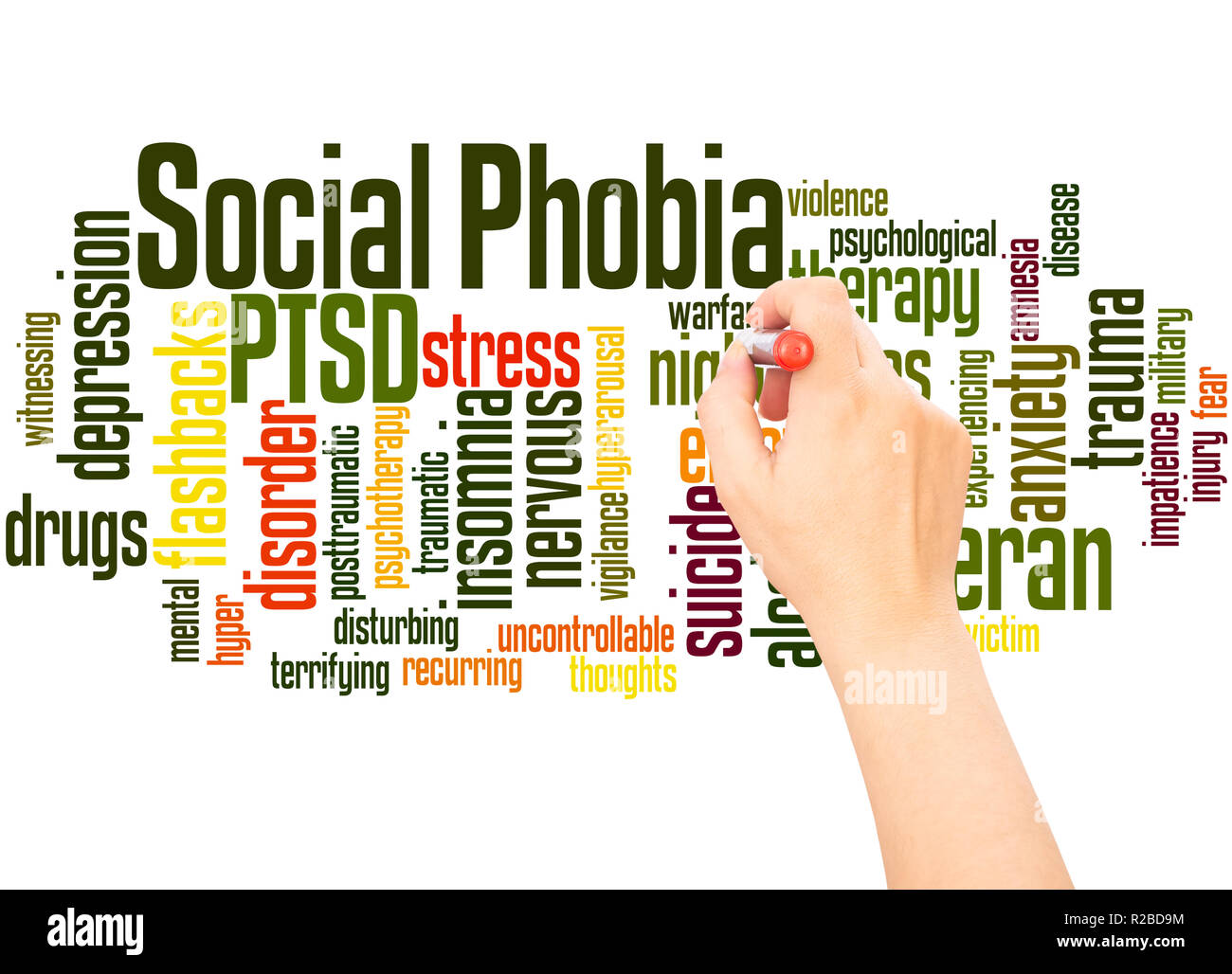 Social phobia and PTSD word cloud hand writing concept on white ...