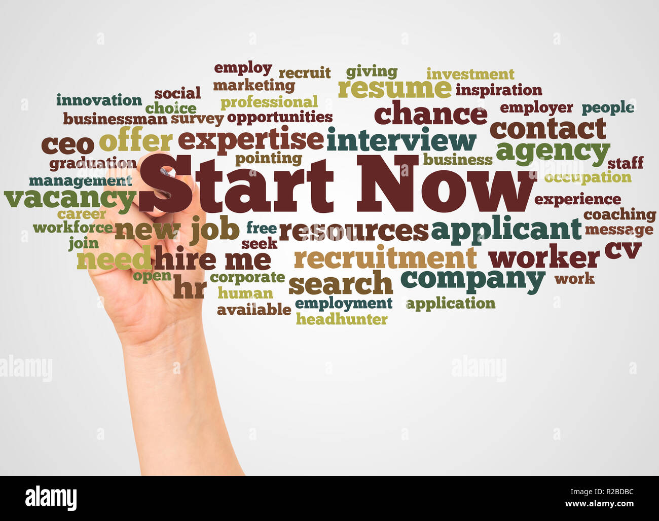 Start Now word cloud and hand with marker concept on white background ...