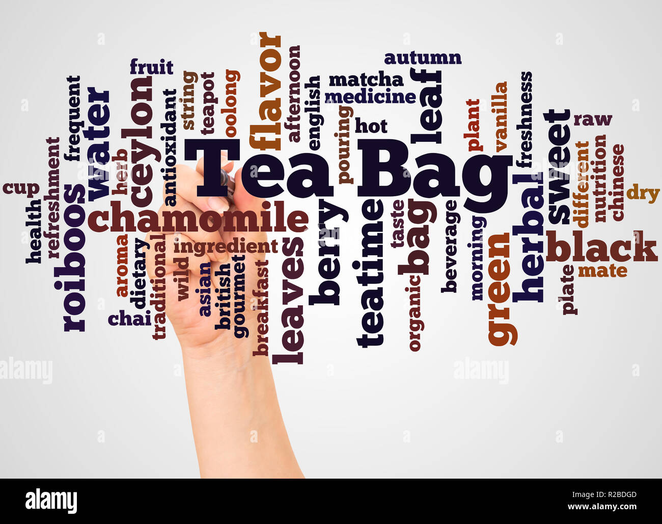 Tea bag word cloud and hand with marker concept on white background ...