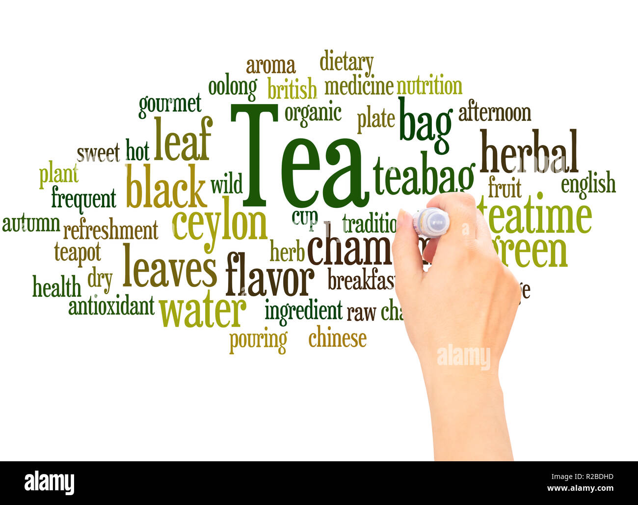 Tea word cloud hand writing concept on white background Stock Photo - Alamy