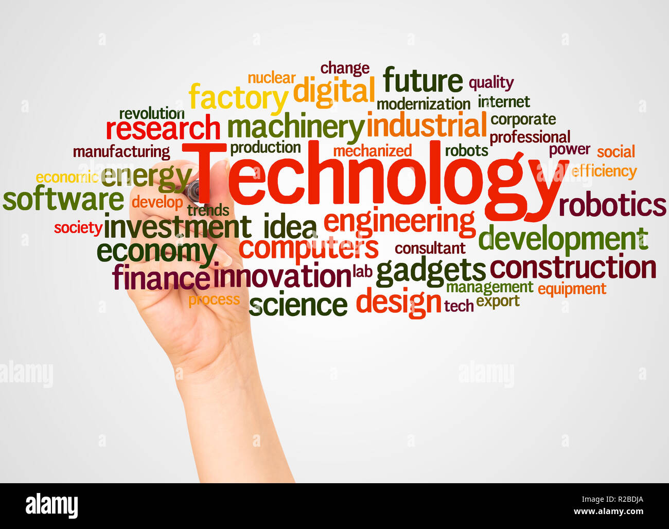 Technology word cloud and hand with marker concept on white background ...