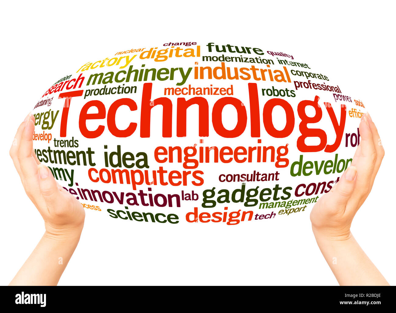Technology word cloud hand sphere concept on white background Stock ...