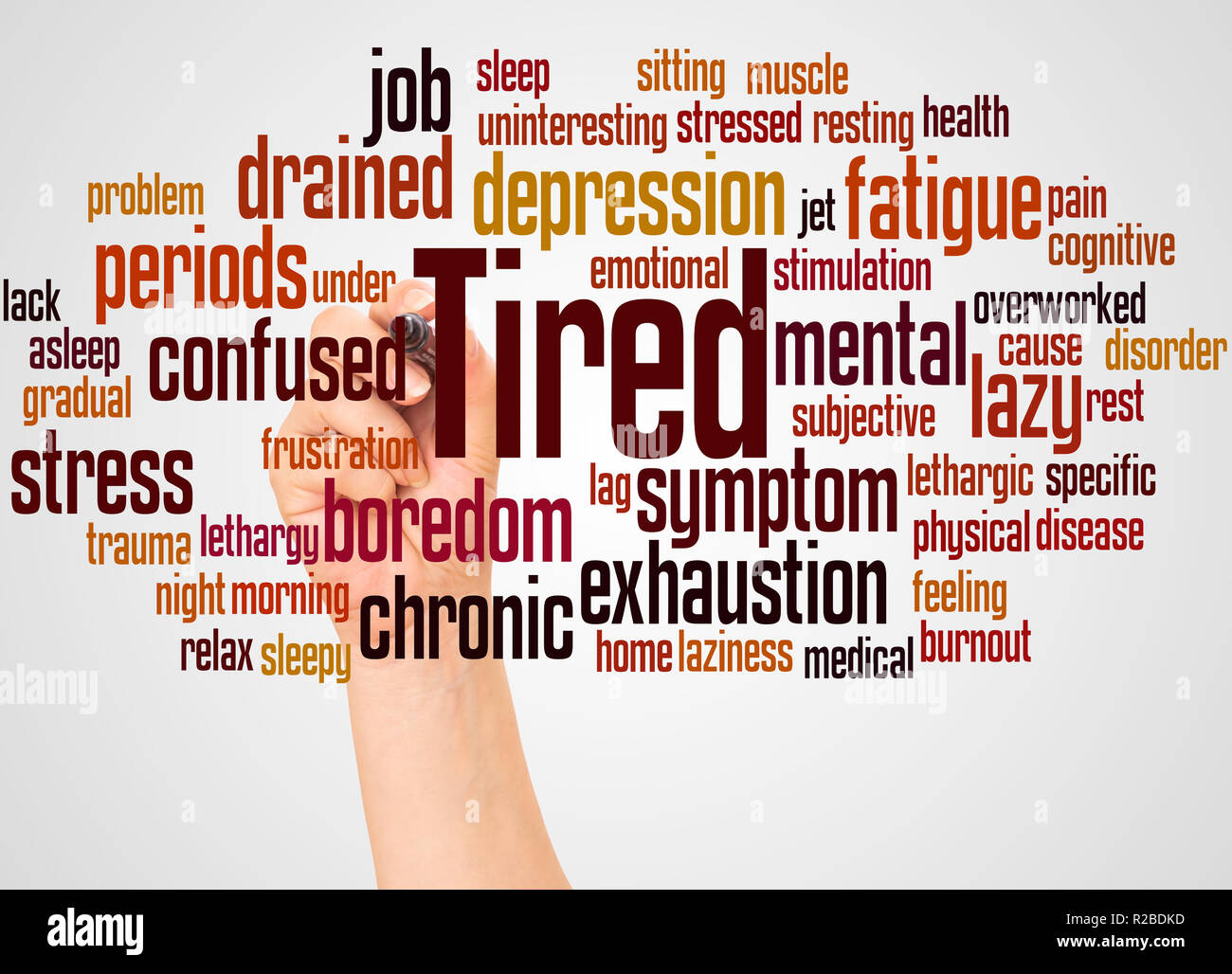 Tired word cloud and hand with marker concept on white background Stock ...