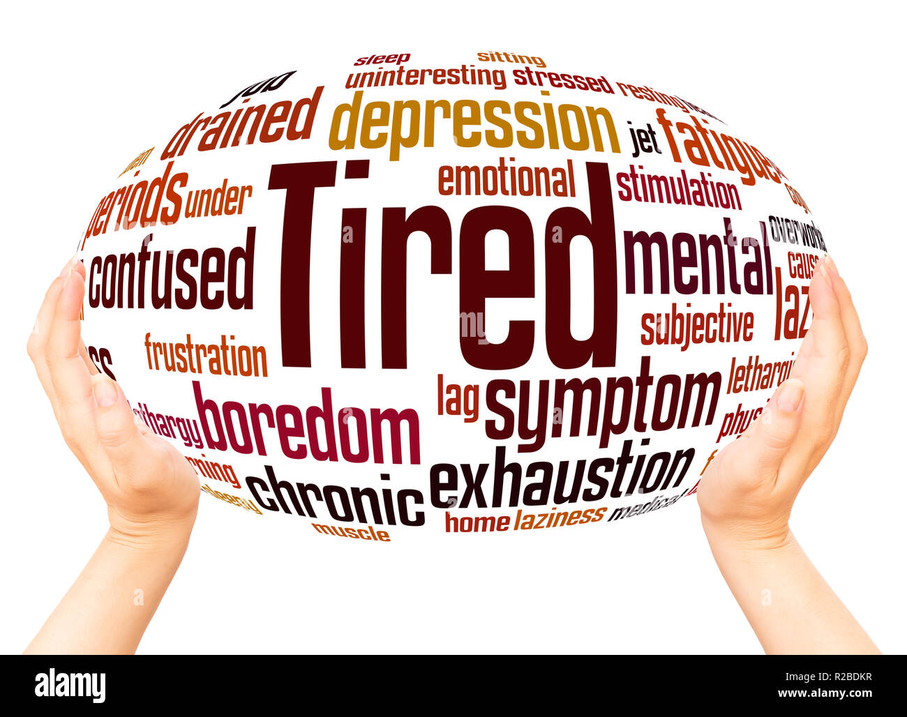 Tired word cloud hand sphere concept on white background Stock Photo ...