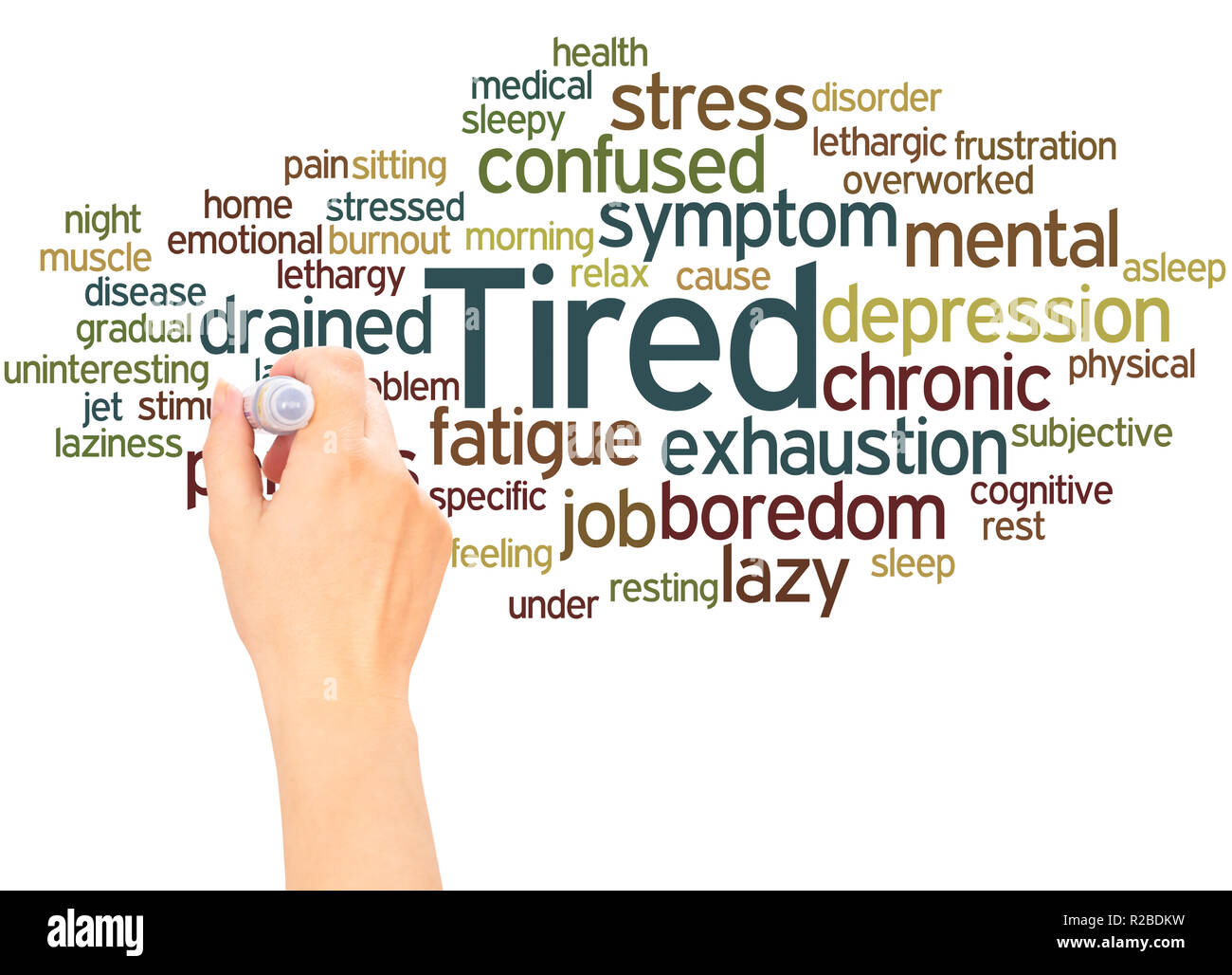 Tired word cloud hand writing concept on white background Stock Photo ...