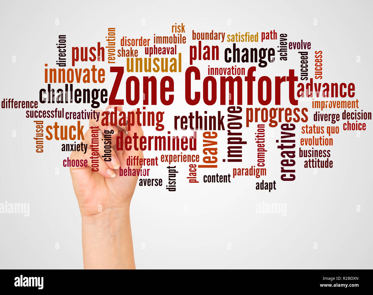 Zone Comfort word cloud and hand with marker concept on white ...