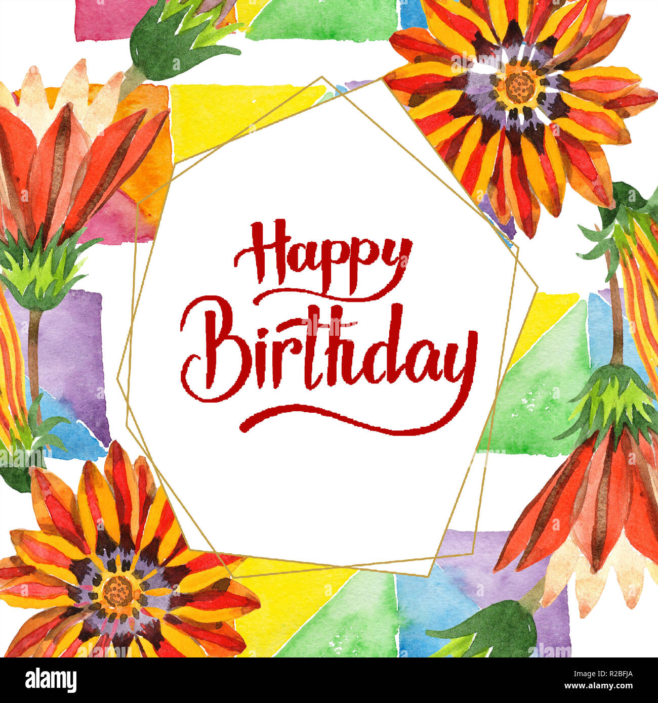Orange gazania flower. Happy Birthday handwriting monogram calligraphy ...