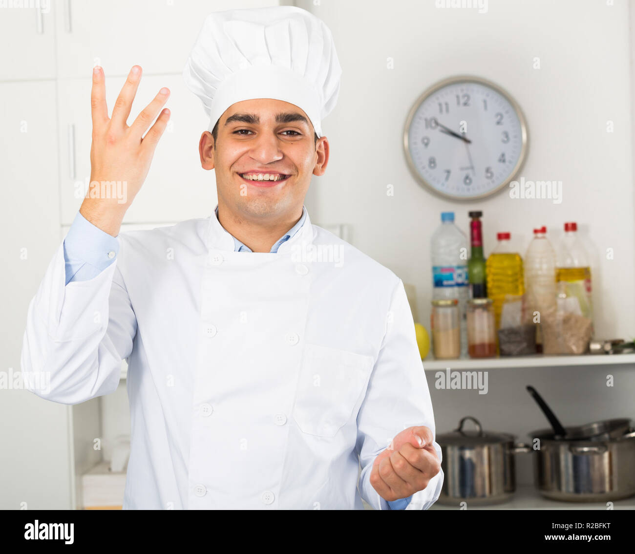 Cook is demonstrating emotions about flavor spectrum of dishes on the ...