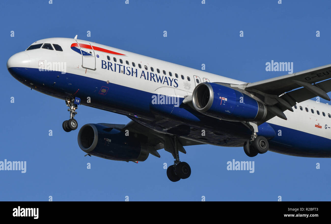 LONDON, ENGLAND - NOVEMBER 2018: Close up view of a British Airways ...