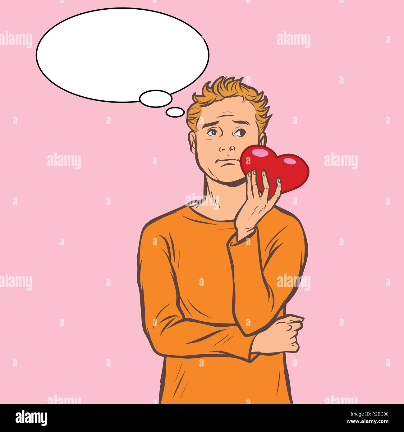 man dreams with a red heart valentine. Comic cartoon pop art retro ...