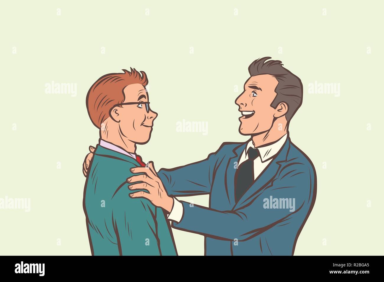 Businessmen friendly meeting. Comic cartoon pop art retro vector ...