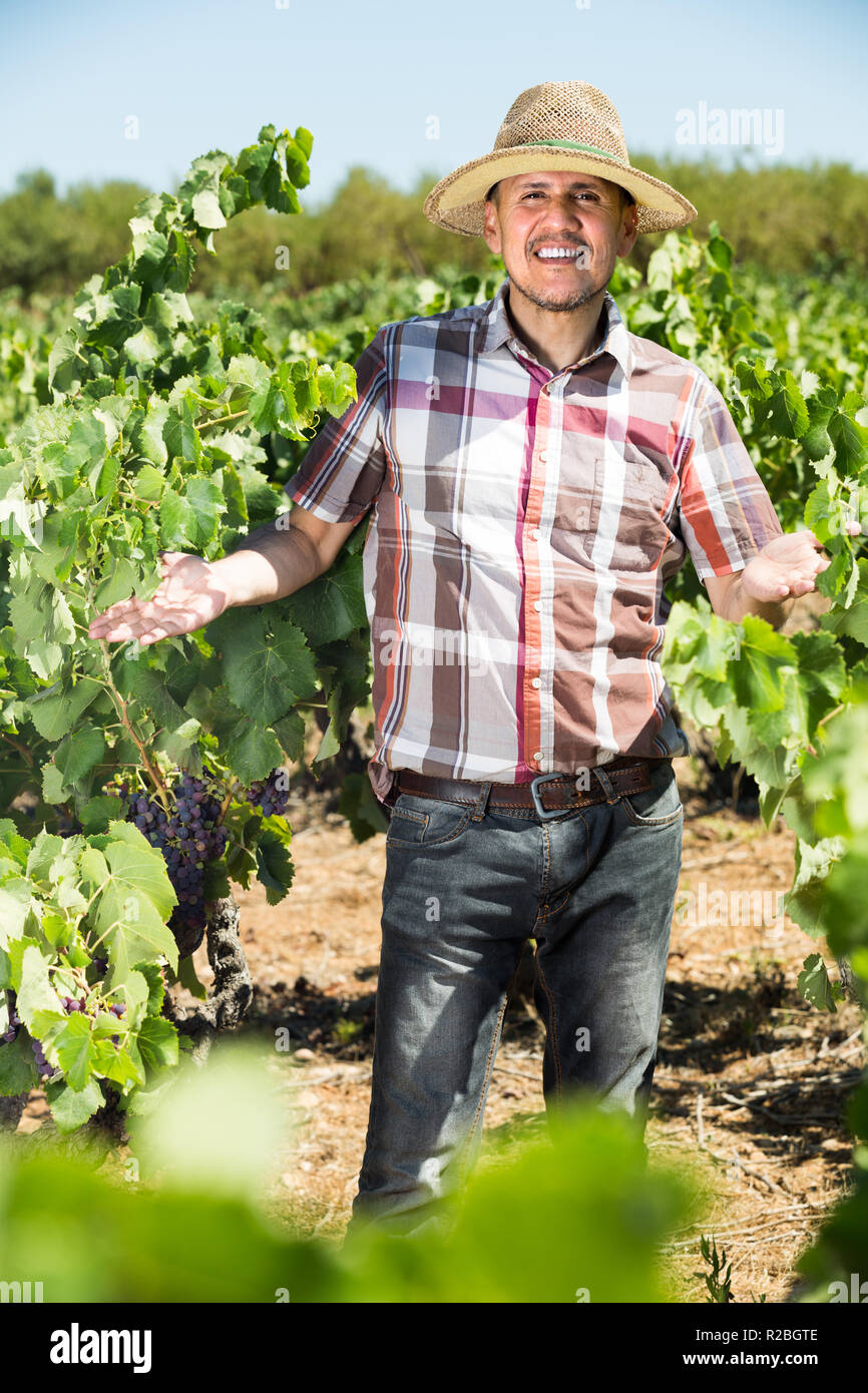Smiling man gardener standing in grapes tree yard Stock Photo - Alamy