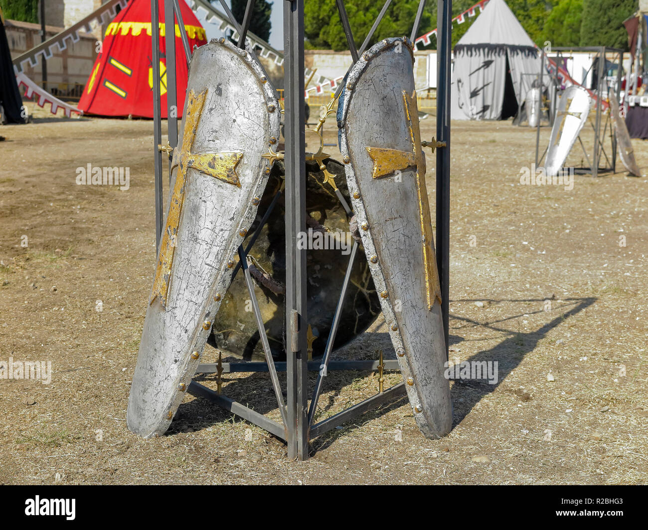 foreground of two medieval shields in the recreation of a medieval ...