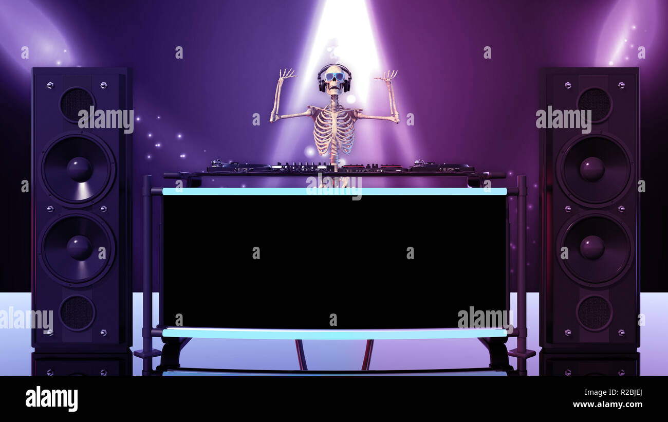 DJ Bones, human skeleton with hands up playing music on turntables ...