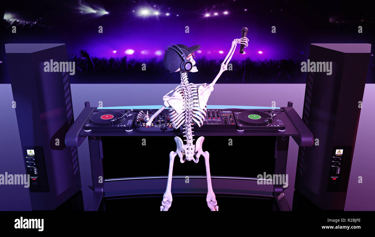 DJ Bones, human skeleton with microphone and hat playing music on ...