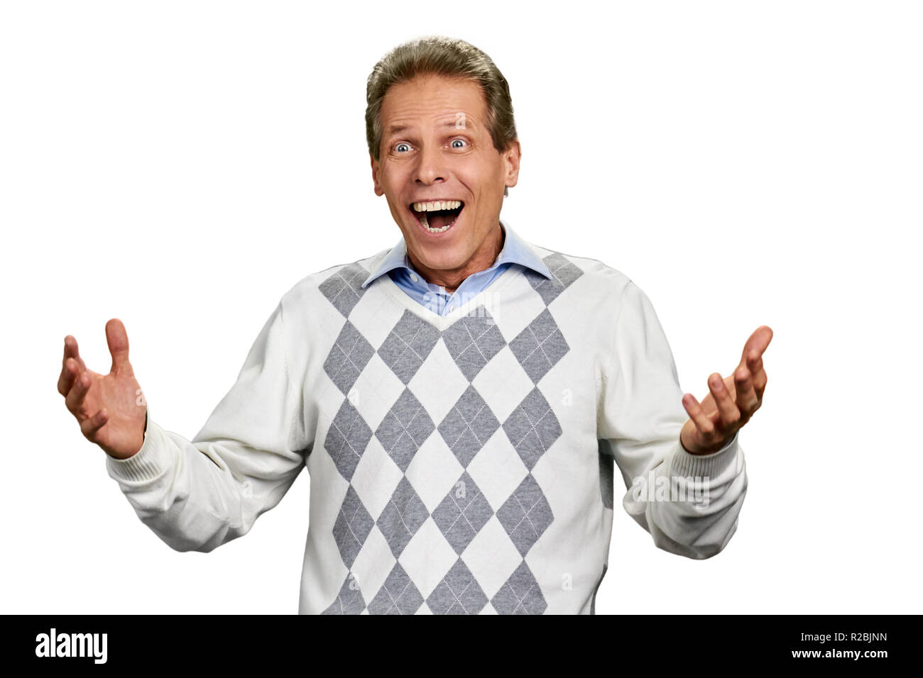 Happy surprised man gesturing with hands. Portrait of excited caucasian ...