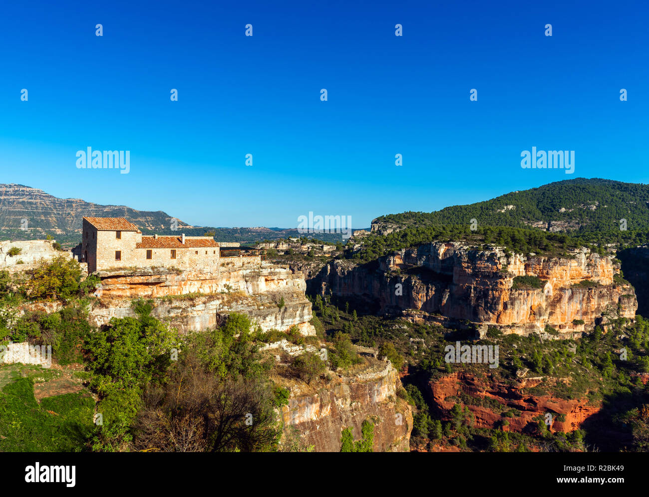 View of the village Siurana de Prades, Tarragona, Spain. Copy space for ...