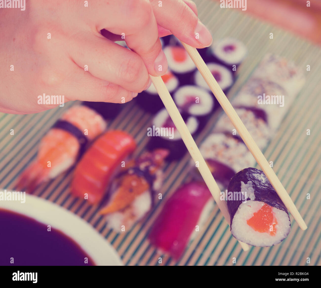 Large sushi set on table at Japanese restaurant Stock Photo - Alamy
