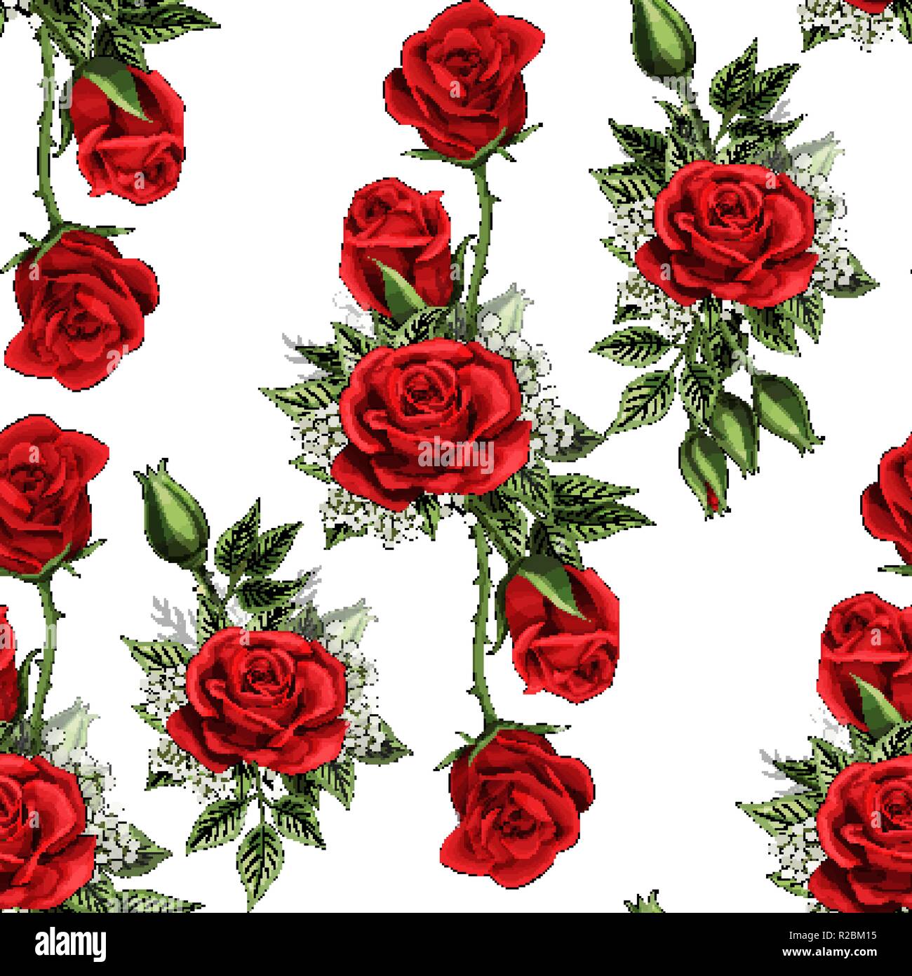 Red rose flower bouquet spreads creeper elements seamless pattern ...