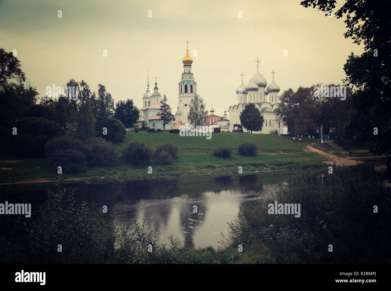 Summer view from Volga river of Kremlin (Cathedral) Square, Vologda ...
