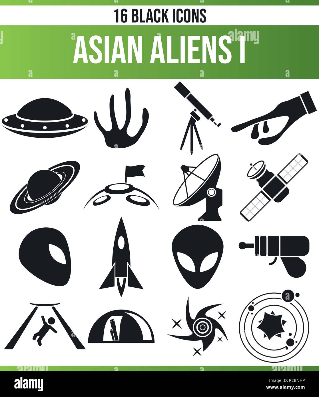 Black pictograms / icons about aliens. This icon set is perfect for ...