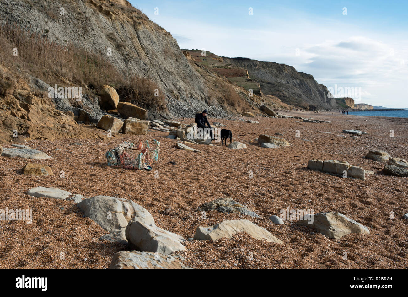 A man and dog on the beach at Eype, Bridport, Dorset Stock Photo - Alamy