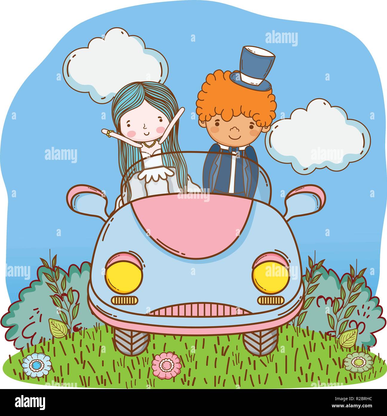 wedding couple on car cute cartoon Stock Vector Image & Art - Alamy