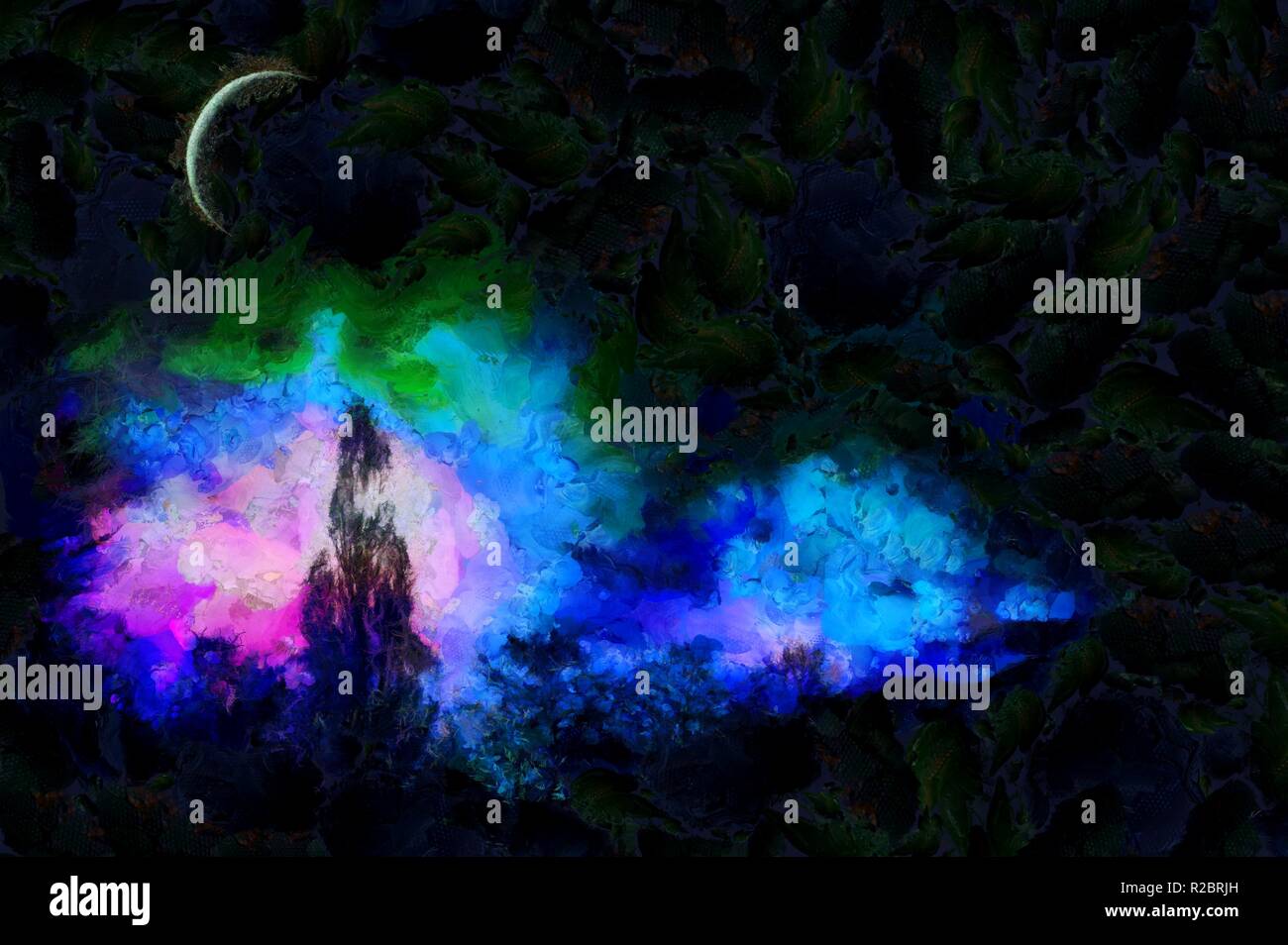 Expressionism painting. Forest in the moon light Stock Photo - Alamy